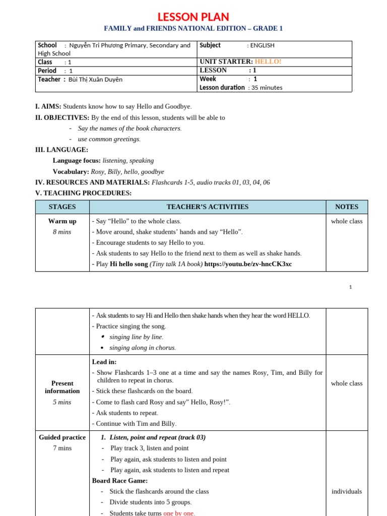 Grade 1 English Lesson Plan: Greetings | PDF | Phonics | Vocabulary