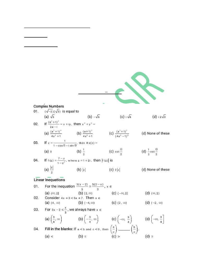 Xi - Complex Numbers & Quadratic Equations+Linear Inequalities | PDF ...