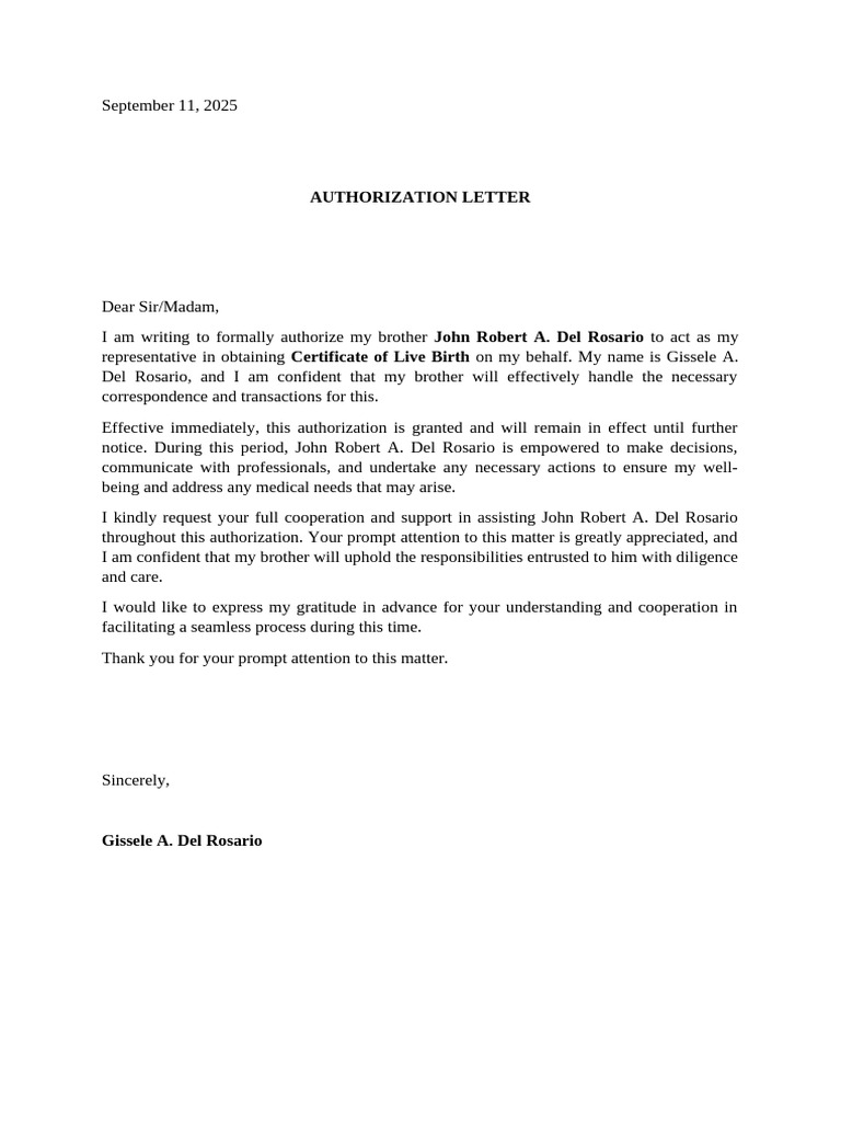 Arlene Authorization Letter | PDF