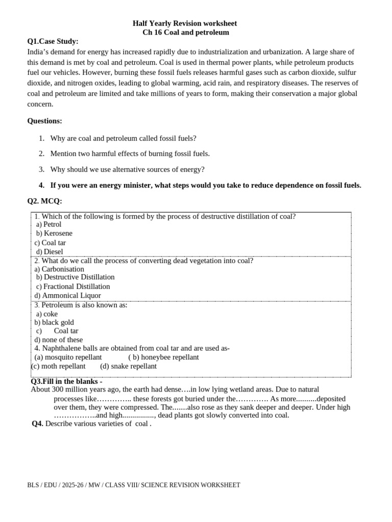 Coal and Petroleum Revision Worksheet | PDF
