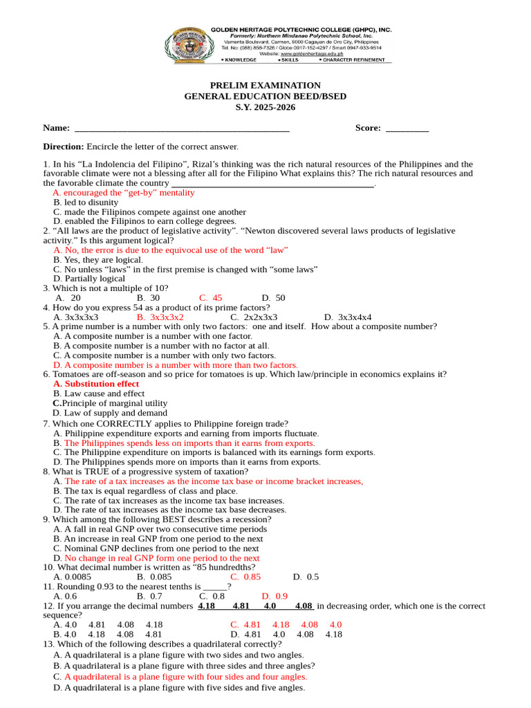 BEED/BSED General Education Exam 2025-2026 | PDF | Taxes | Dominance ...