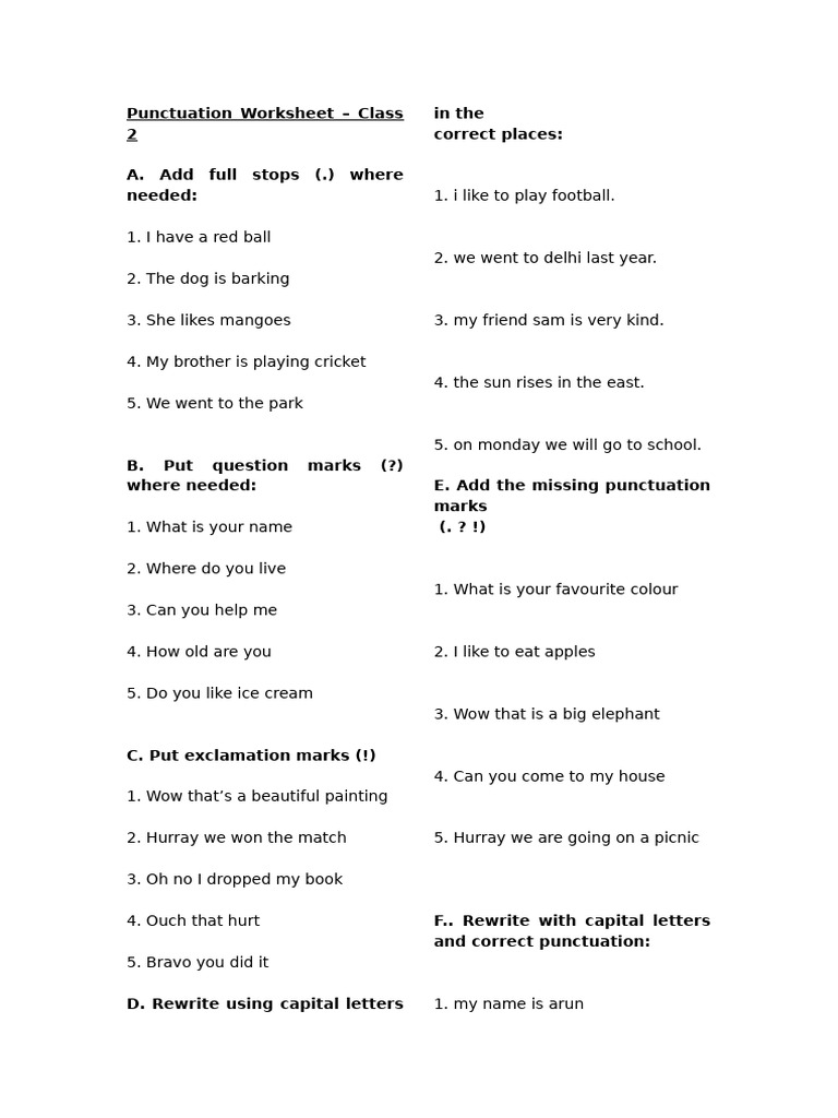Punctuation Practice Worksheet for Class 2 | PDF