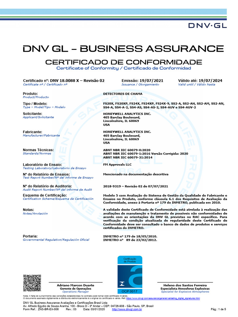 Sps His Fs20x Inmetro Certificate of Conformity DNV 18 0088 X Iss 02 ...