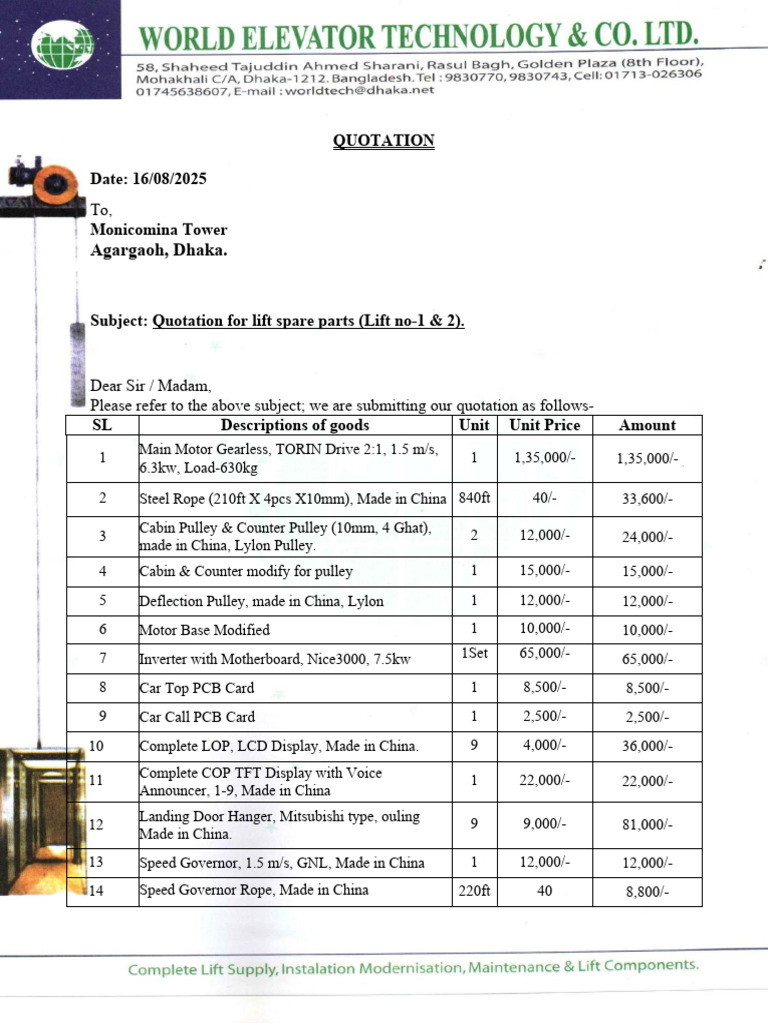 Monicomina Tower. Quotation - Lift 1 & 2 Update | PDF