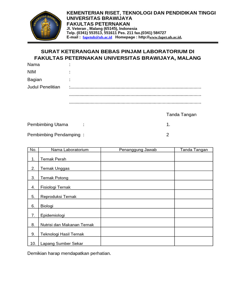 Surat Bebas Pinjam Laboratorium Fapet UB | PDF