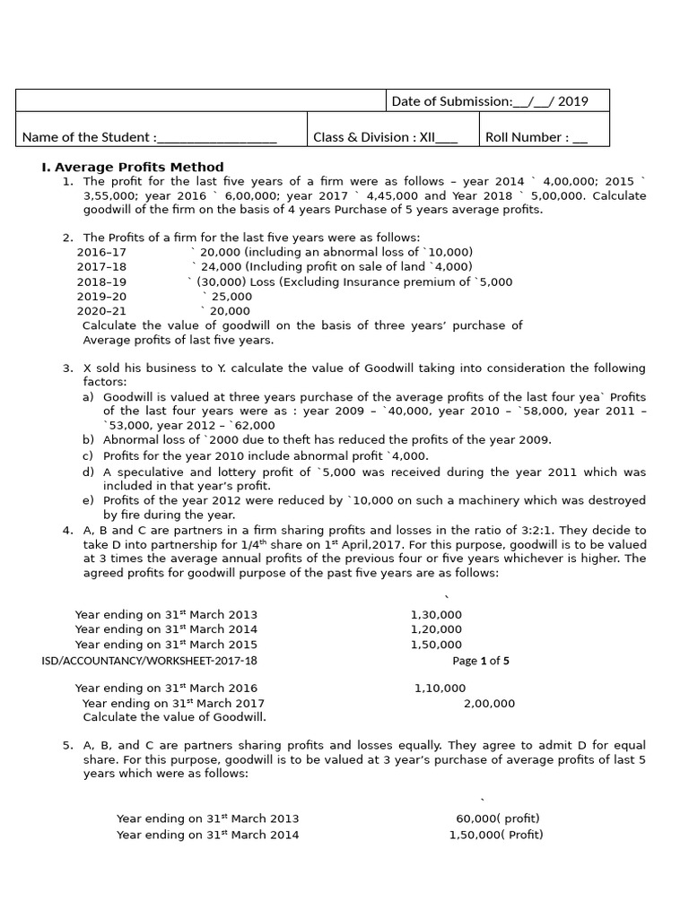 Worksheet-6 - Valuation of Goodwill | PDF | Goodwill (Accounting ...