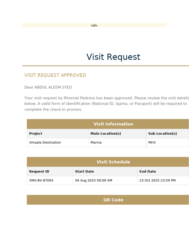Approved Visit Request for Amaala | PDF