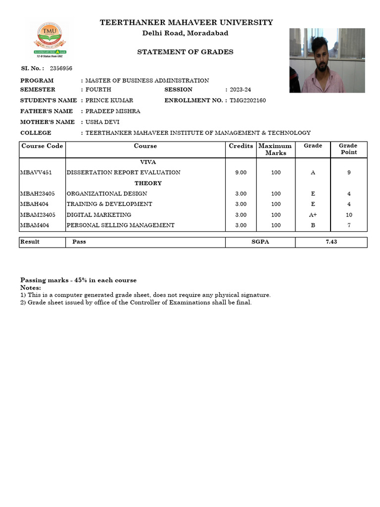 MBA Final Year Marksheet Summary | PDF