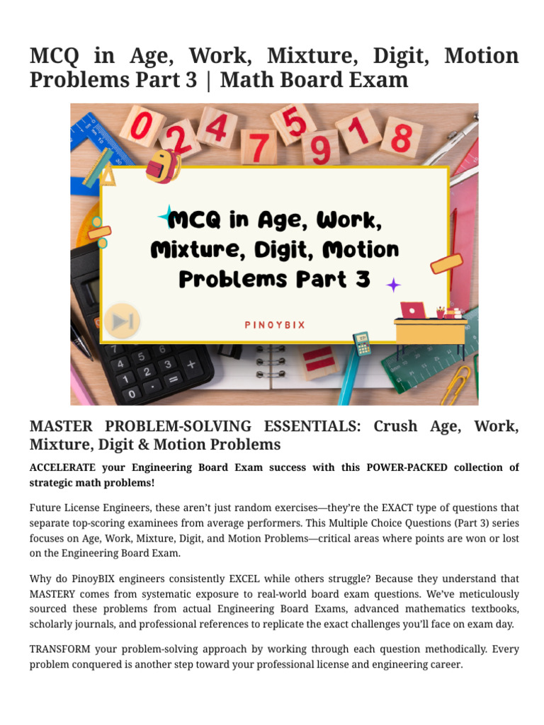 MCQ in Age, Work, Mixture, Digit, Motion Problems Part 3 - Math Board ...