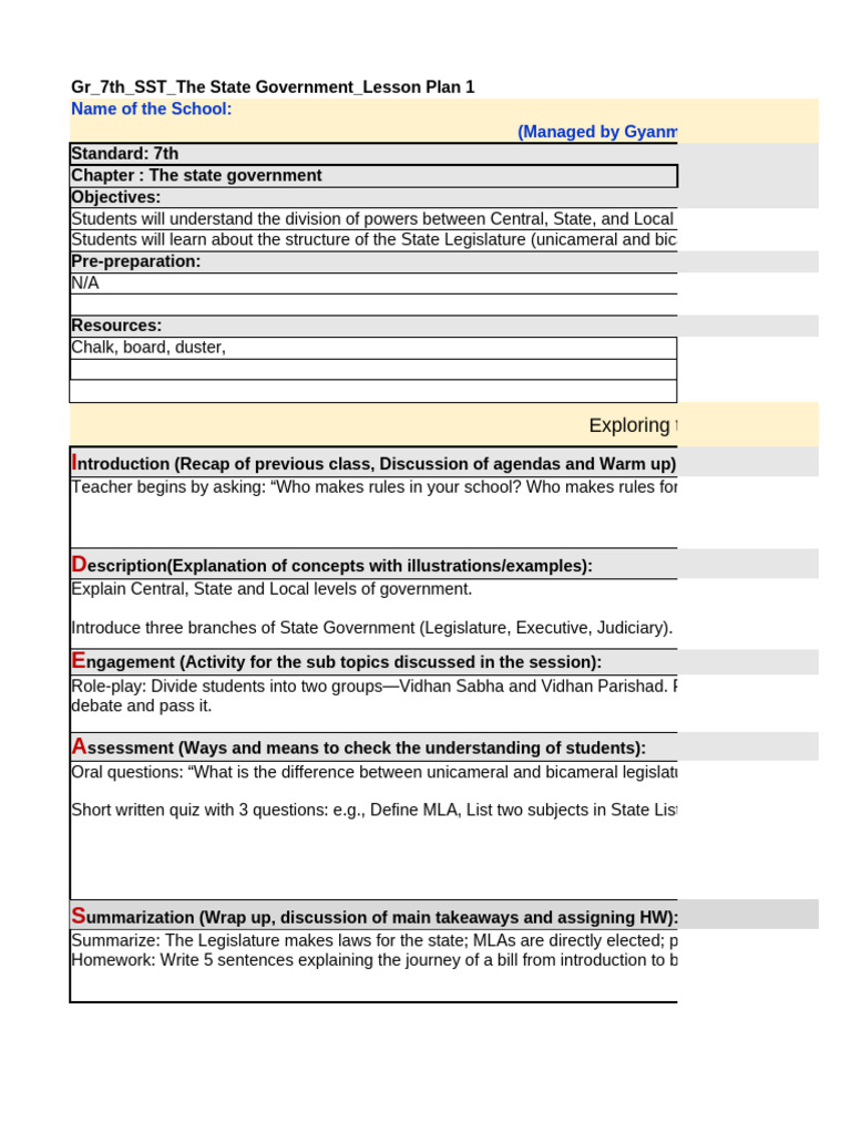 GR 7th SST The State Government Lesson Plan 1 | PDF