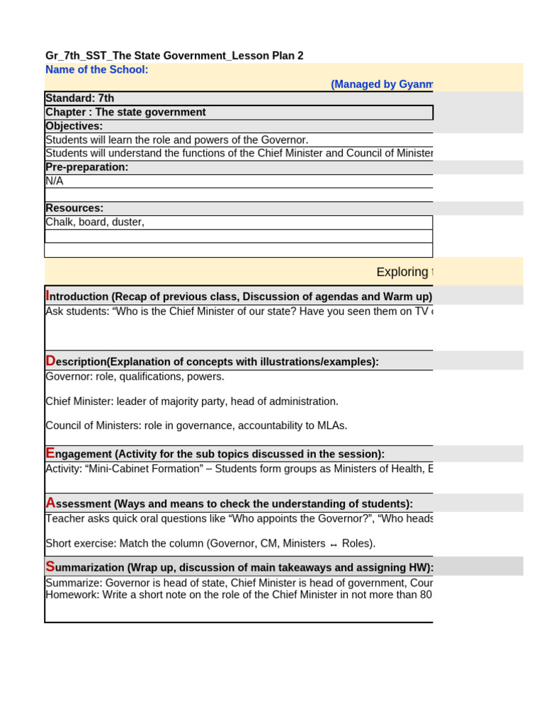 GR 7th SST The State Government Lesson Plan 2 | PDF