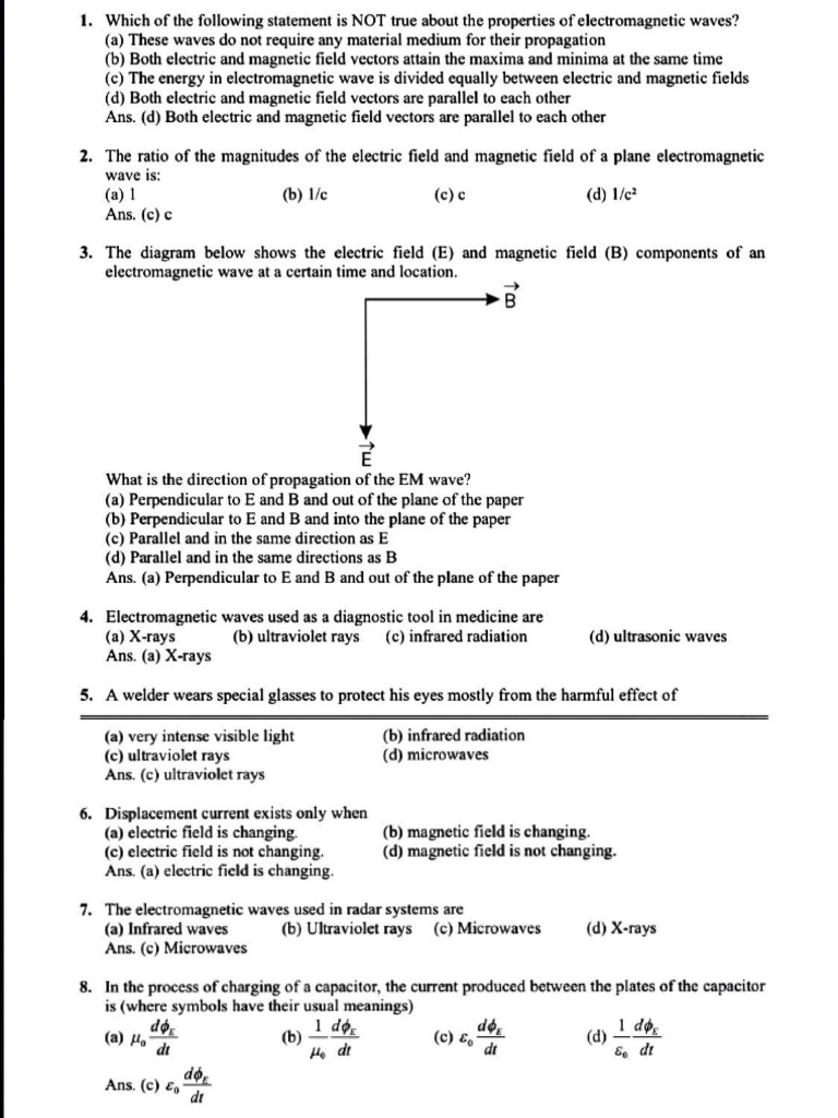Electromegnetic Wave Worksheet Class 12 | PDF