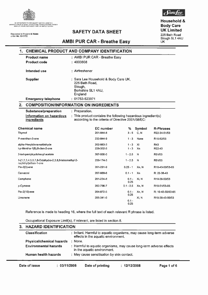 APB Ambi Pur Breathe Easy Air Freshener MSDS | PDF | Language Arts ...