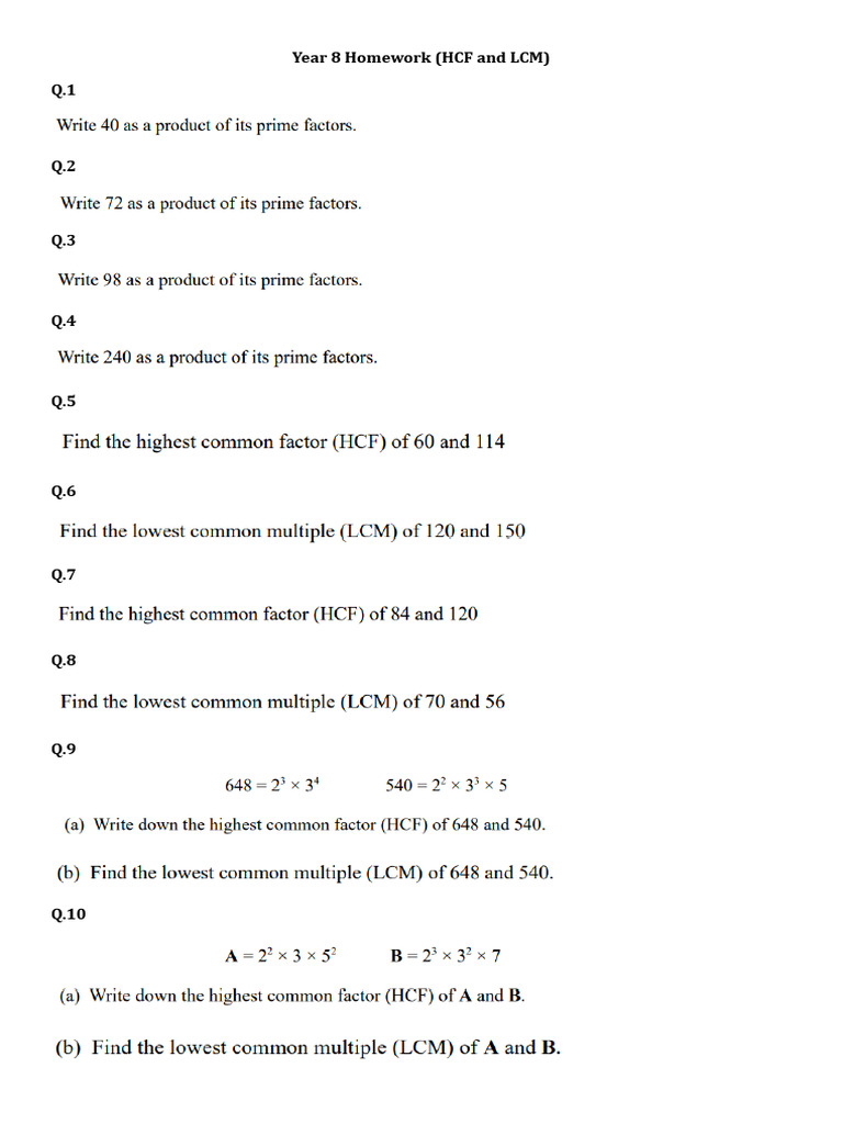 Year 8 Homework HCF LCM | PDF