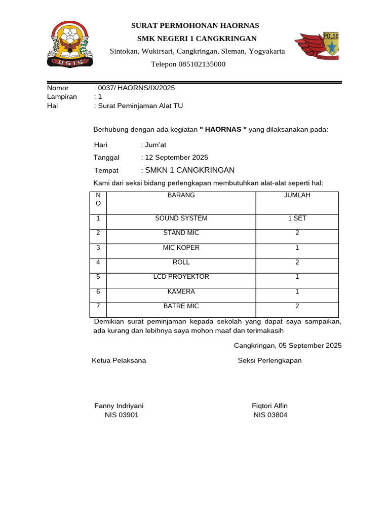 Surat Peminjaman Alat untuk HAORNAS | PDF