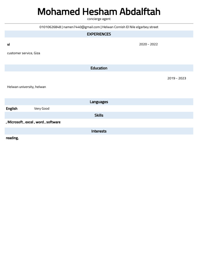 Concierge Agent Resume of Mohamed Hesham | PDF
