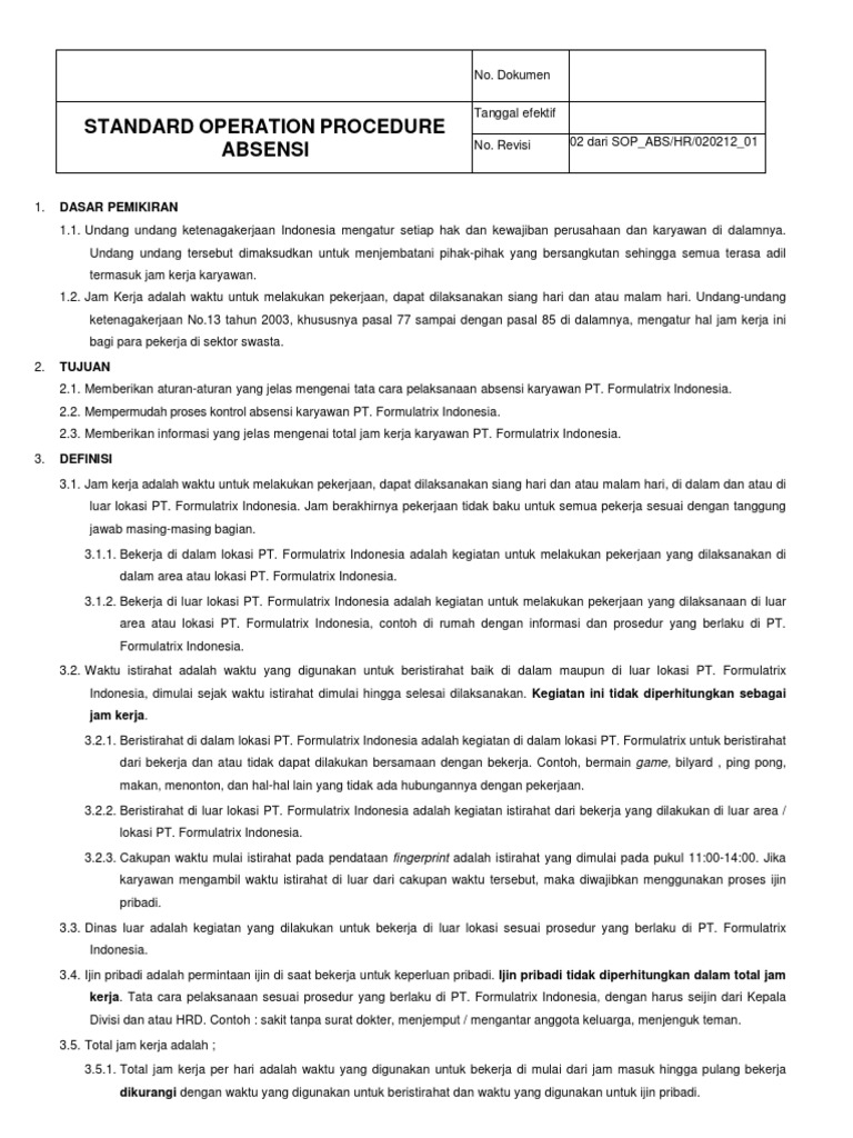 Prosedur Absensi Karyawan PT Formulatrix | PDF