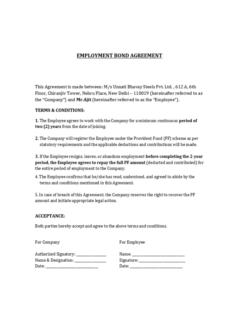 Employment Bond Agreement Template | PDF