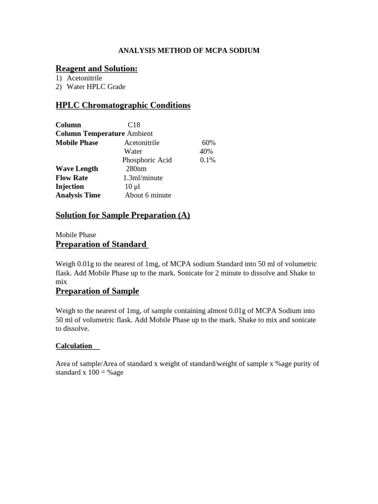 HPLC Method for MCPA Sodium Analysis | PDF