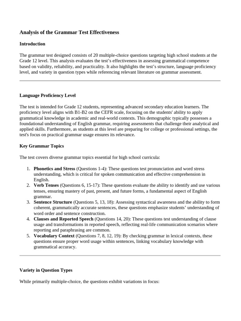 Analysis of The Grammar Test Effectiveness Test 1 (Final | PDF ...