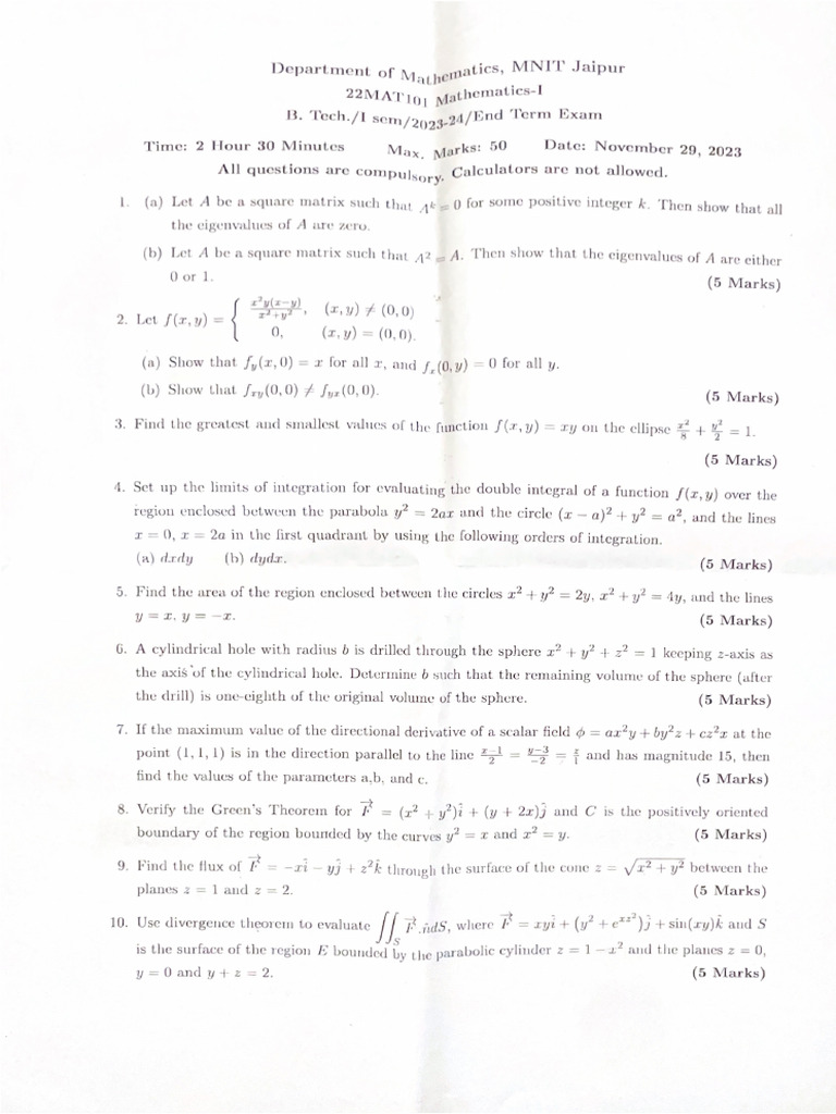 Mathematics I - ETE Question Paper | PDF