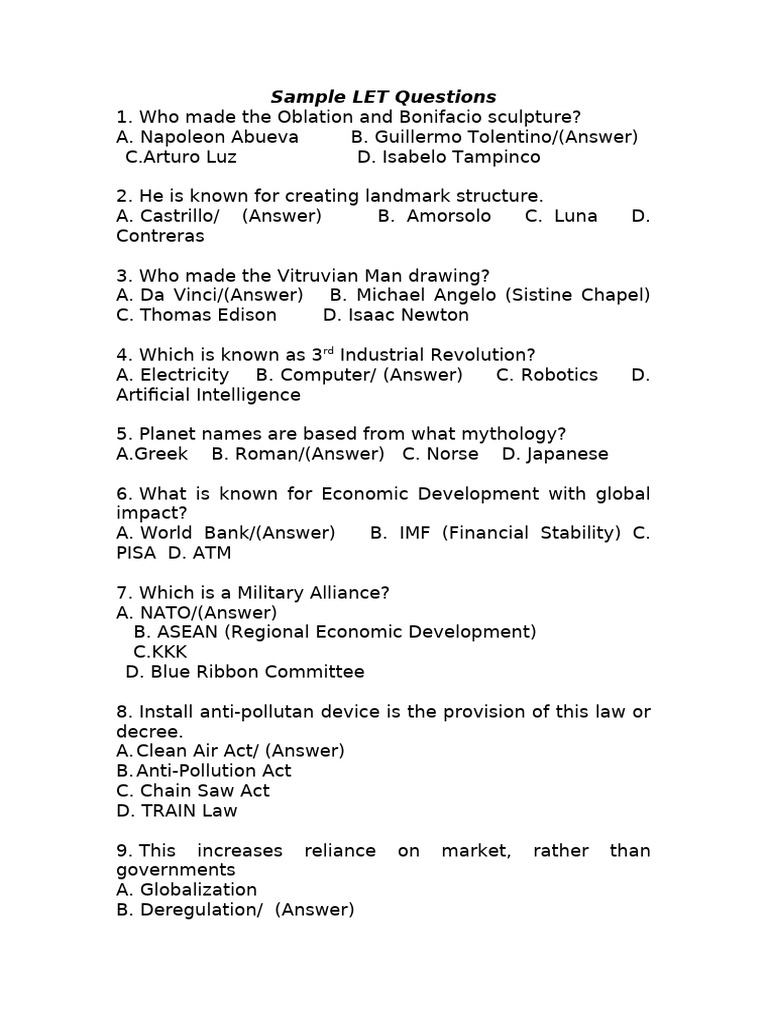 Sample LET Questions | PDF | Length | Philippines