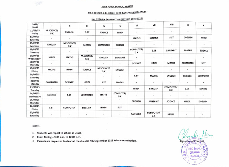 Half Yearly Exam Time Table | PDF