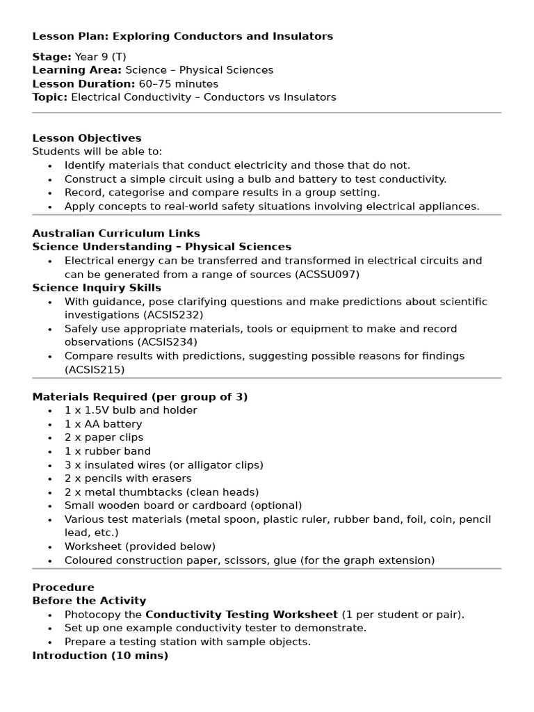 Conductors and Insulators Lesson | PDF | Electric Current | Electrical ...