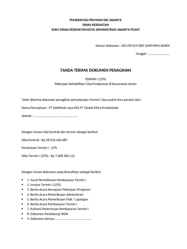 Tanda Terima Dokumen Termin I Puskesmas Senen Resmi | PDF