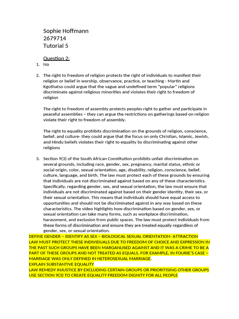 Law Tutorial 5 | PDF | Discrimination | Gender