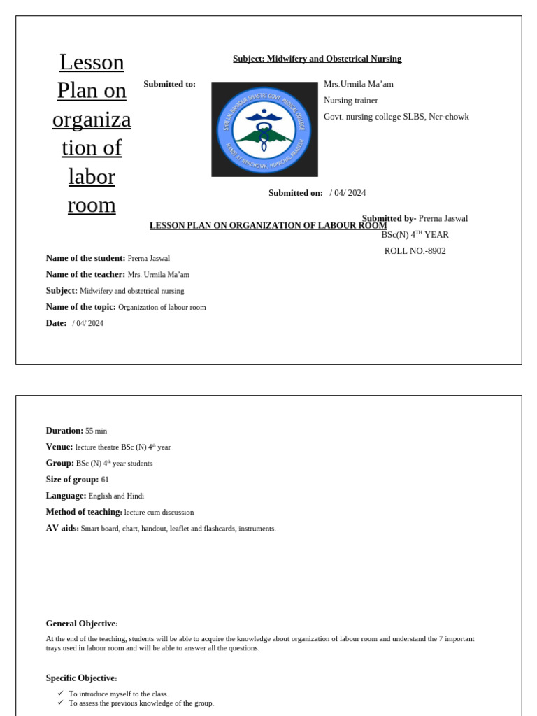 Organization of Labour Room in Nursing | PDF | Childbirth | Lesson Plan