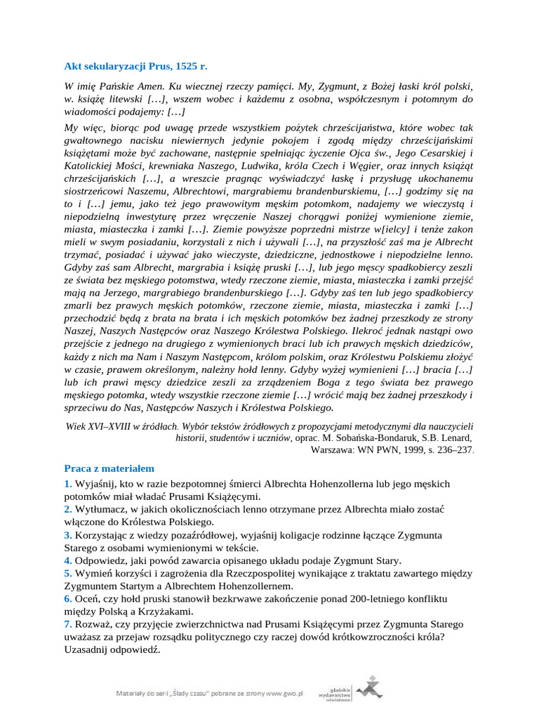 Rozdzial 10 Praca Z Tekstem Akt Sekularyzacji Prus | PDF