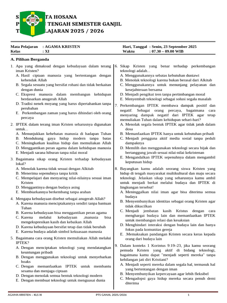 Soal Uts Agama Kls Xi Ganjil 2025 | PDF