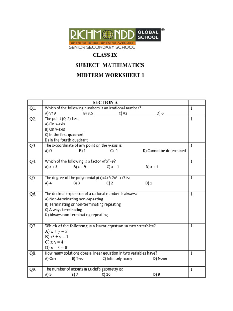 Class 9 Worksheet 1 (Midterm) | PDF | Triangle | Euclidean Geometry