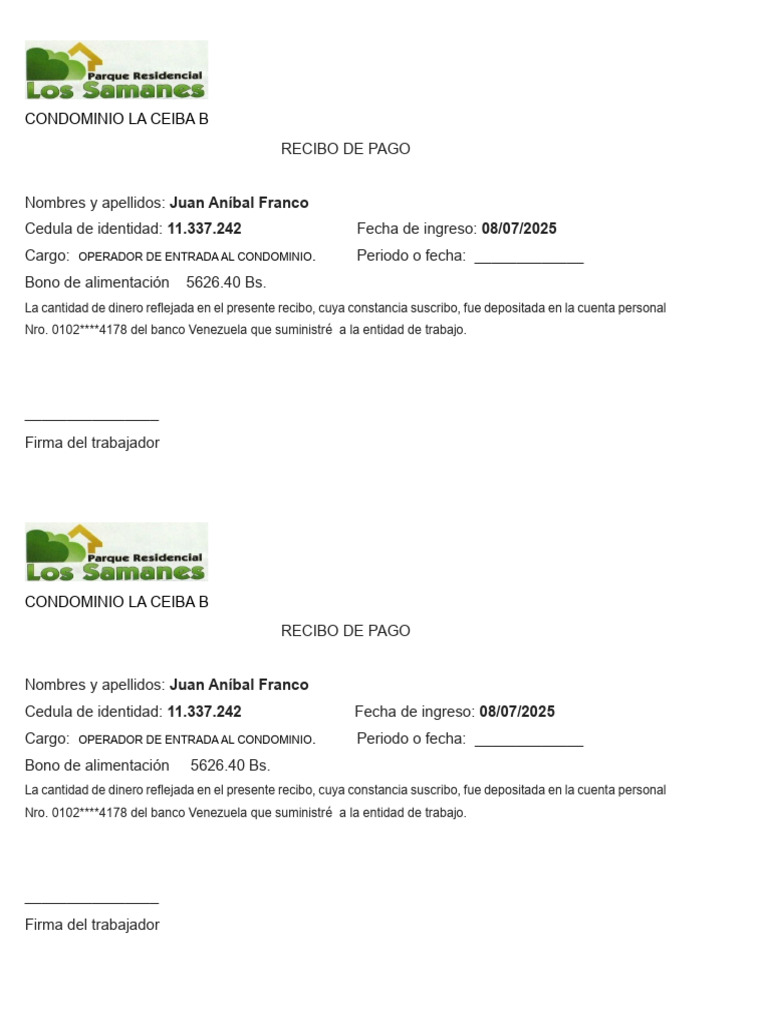 Modelo Recibo de Pago Bono Alimentacion Con Logo B | PDF