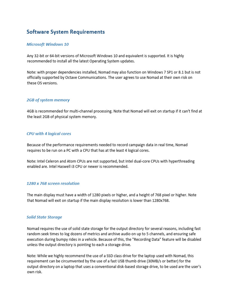 Nomad Computer Requirements | PDF | Central Processing Unit | Solid State Drive