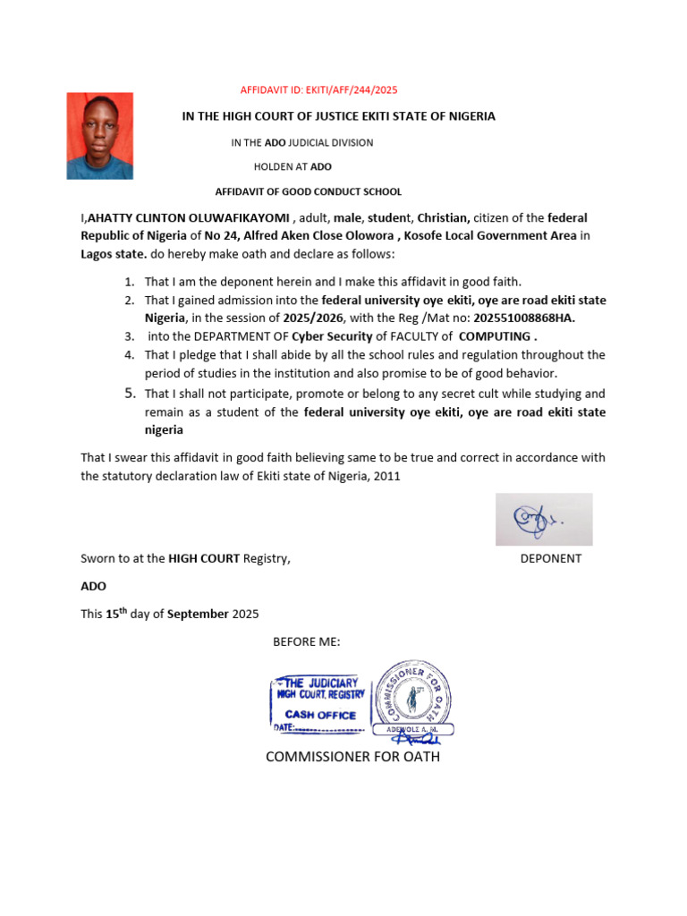 Affidavit of Good Conduct for Students | PDF