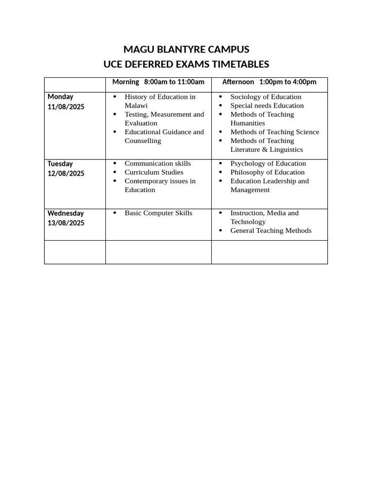 Uce Deferred Exams Timetable Aug 2025 | PDF