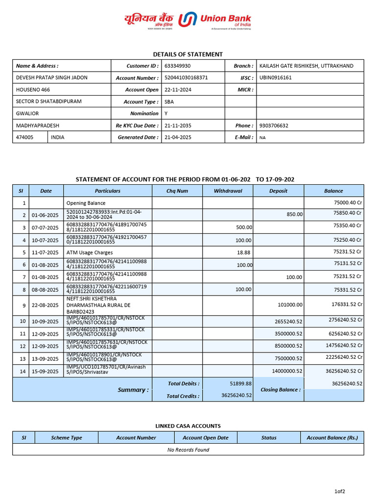 Union Bank Statement 17 09 2025 | PDF | Banks | Deposit Account
