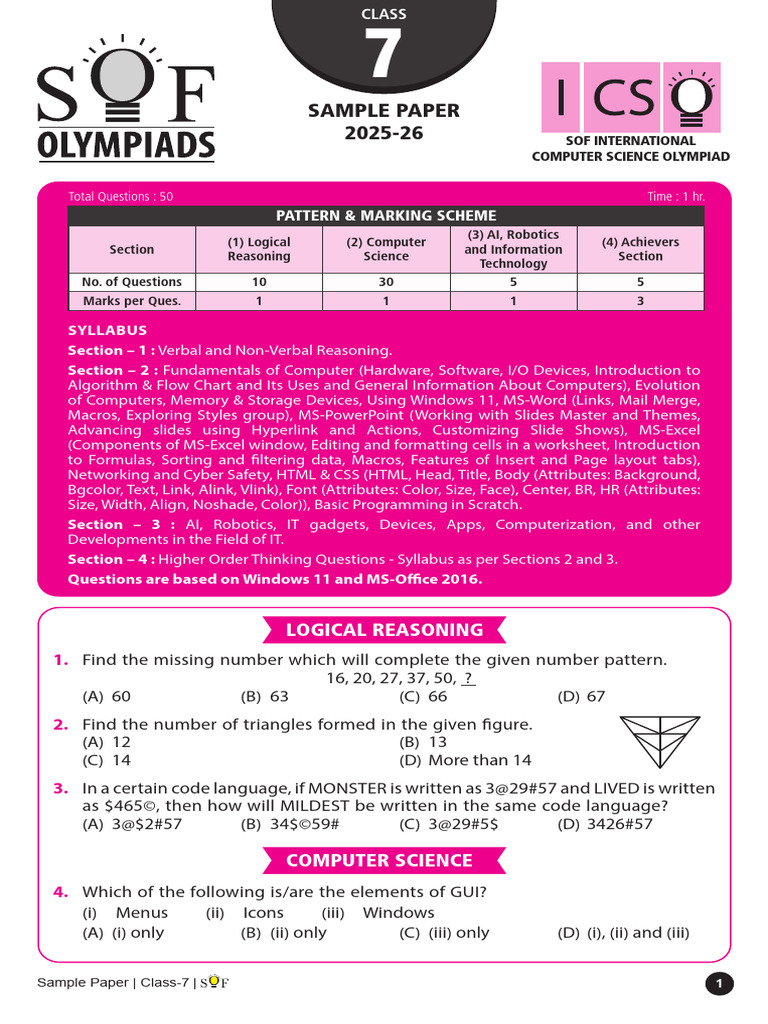 Icso Sample Paper Class-7 2025-26 | PDF | Computer Program | Programming