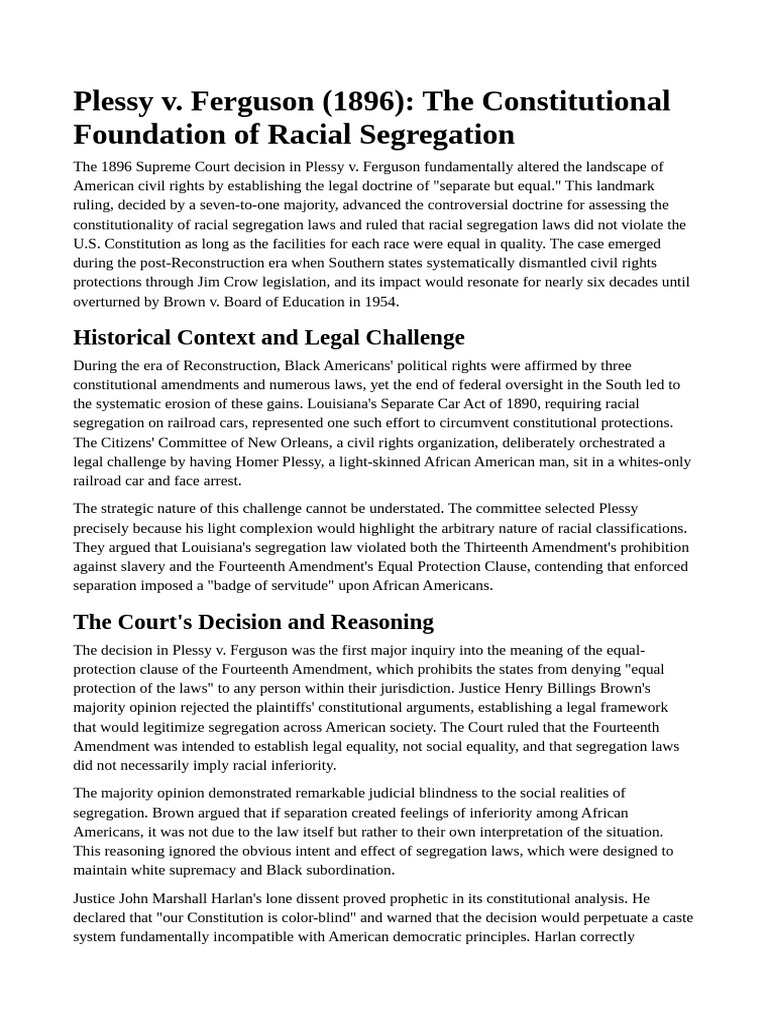 Plessy v. Ferguson (1896) | PDF | Jim Crow Laws | Plessy V. Ferguson