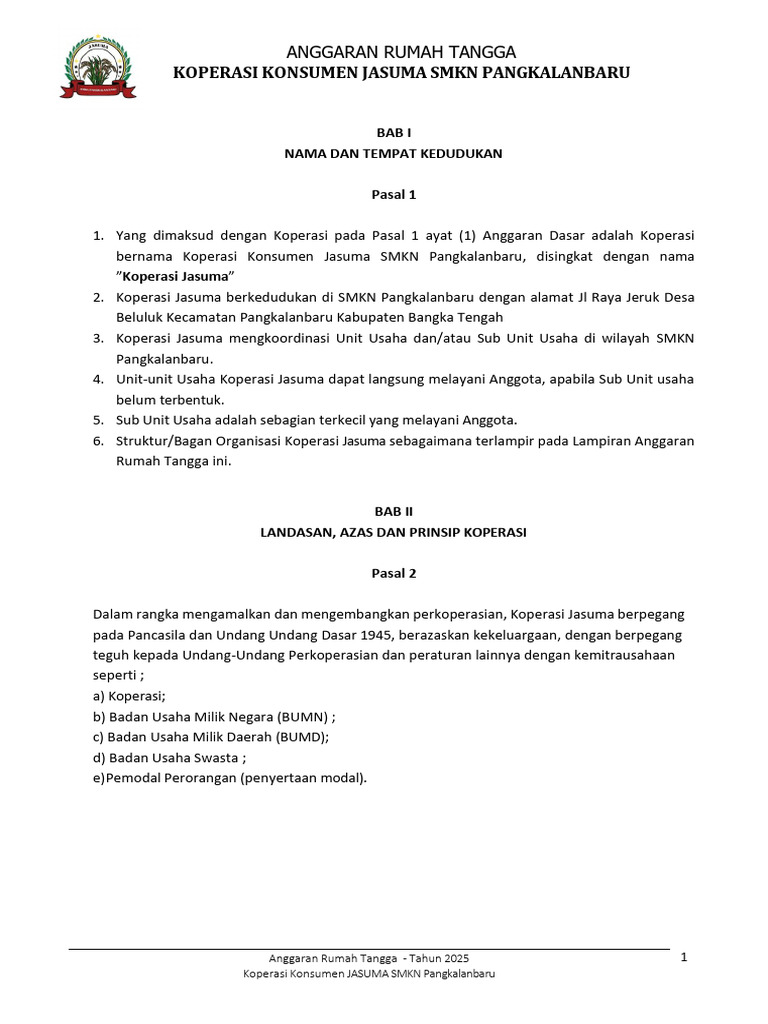 Anggaran Rumah Tangga Koperasi Jasuma 2025 | PDF