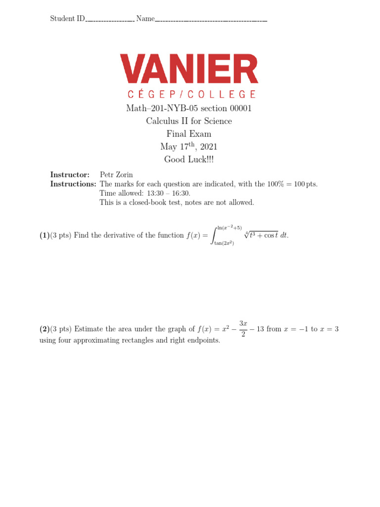 Calculus II Final Exam Questions | PDF | Integral | Area
