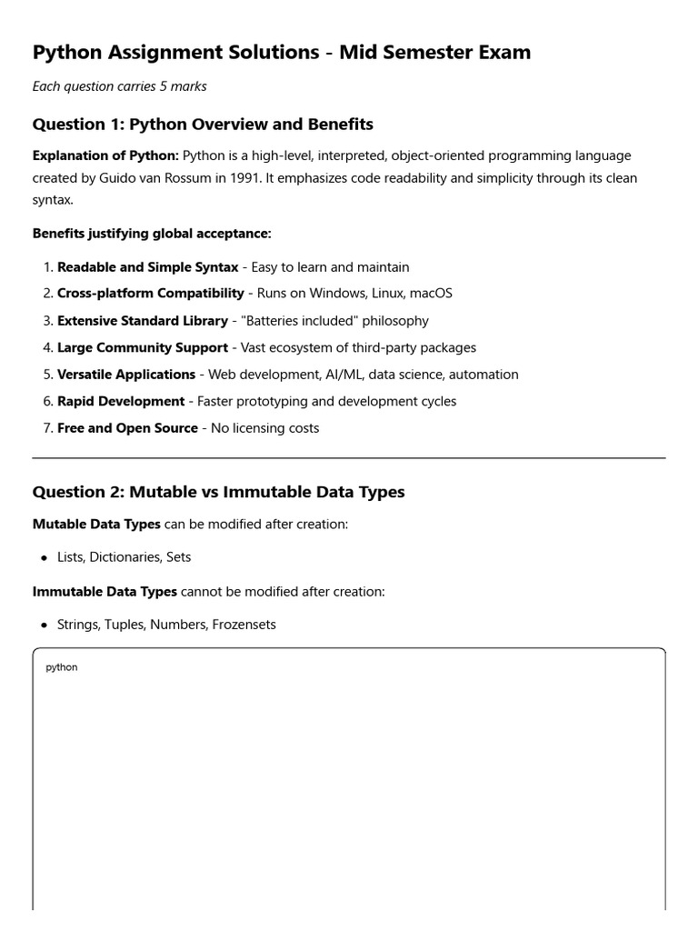 Python Assignment Solutions - Mid Semester Exam | PDF | Python (Programming Language ...