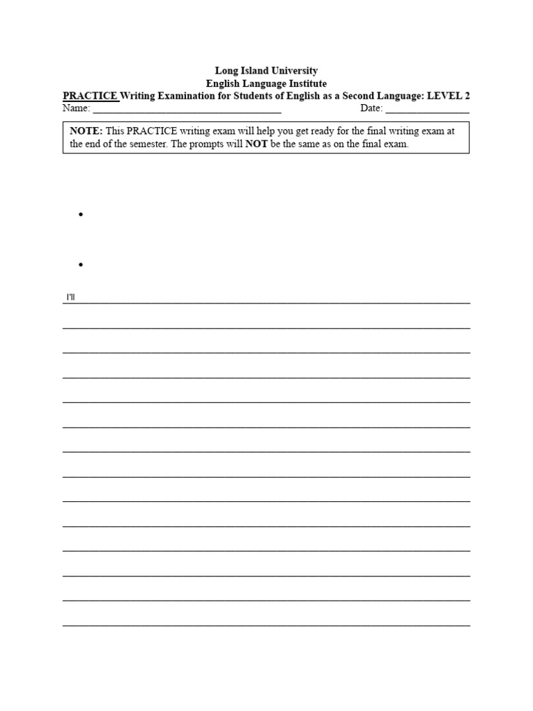 ESL Level 2 Writing Practice Exam | PDF | Qualifications | Tests