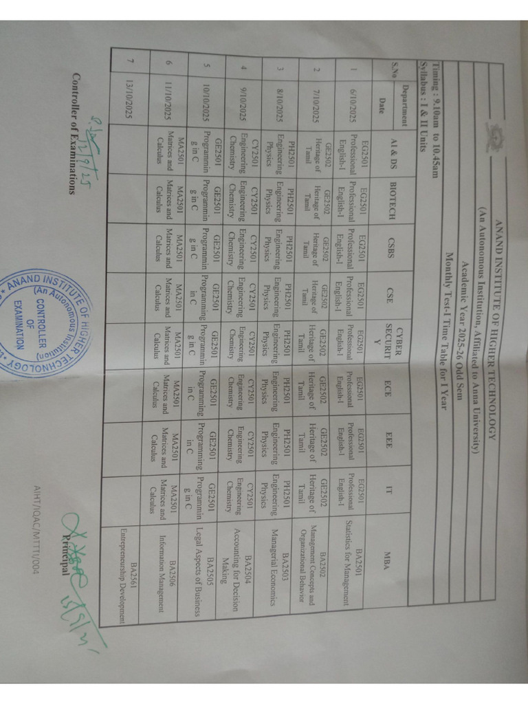 Monthly Test - 1 Time Table - 1 | PDF