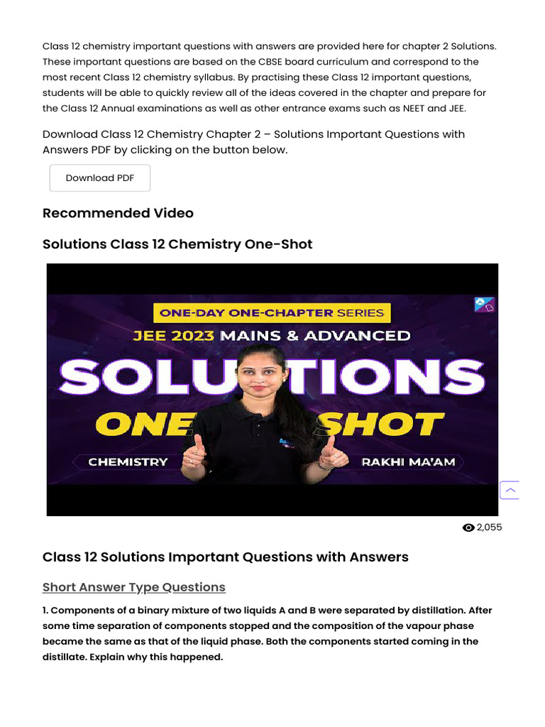 Chemistry Important Que Chapter-2-Solutions | PDF | Osmosis | Solubility