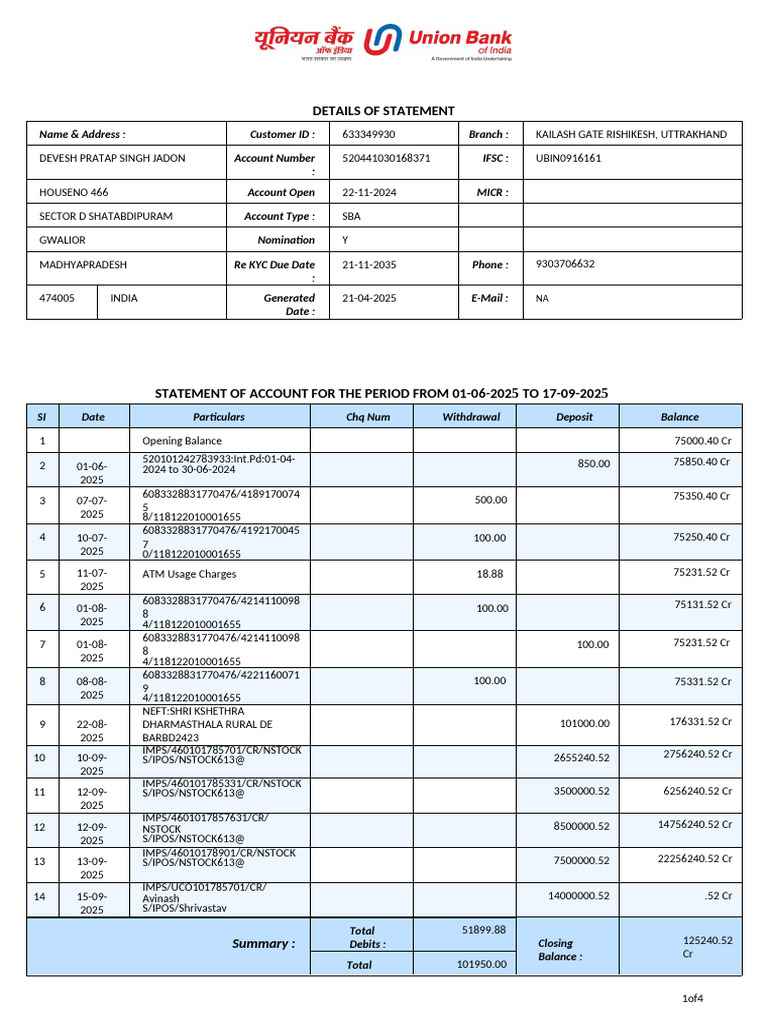 Union Bank Passbook Statement Summary | PDF | Debits And Credits ...