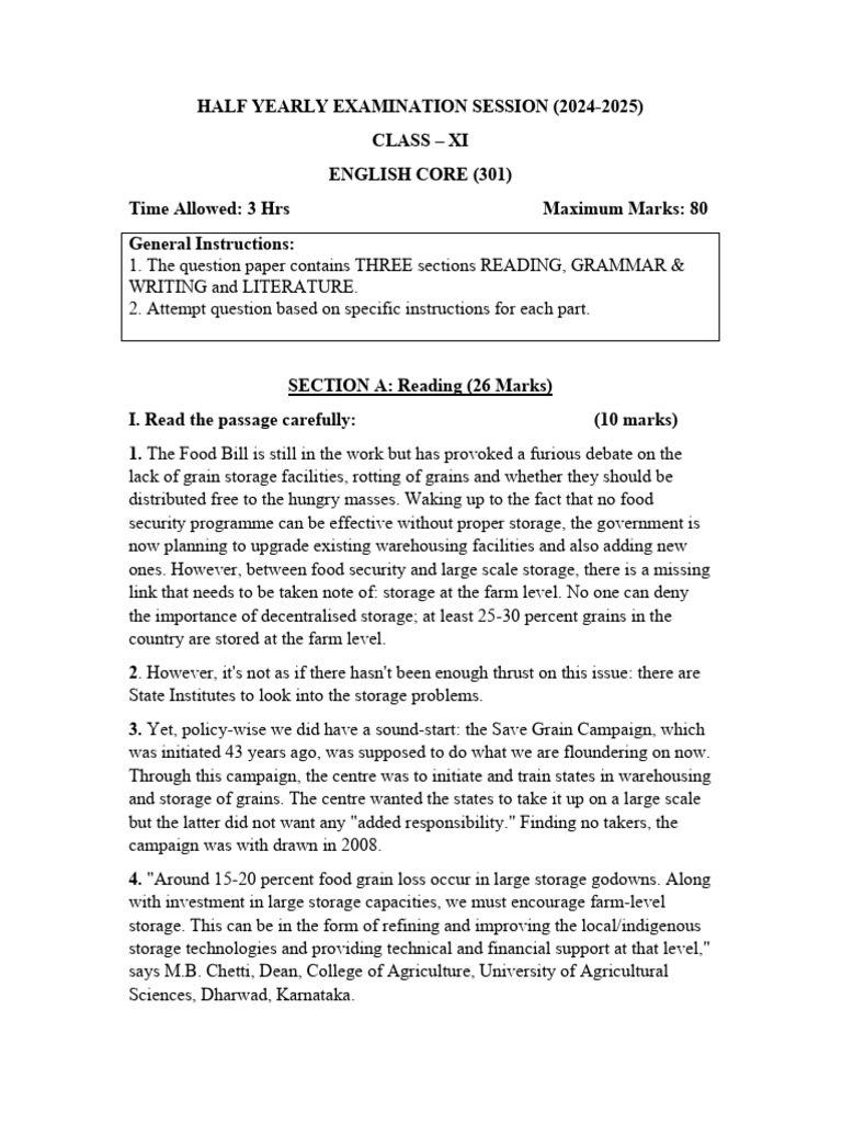 Class XI English Core Half-Yearly Exam 2024-25 | PDF | Warehouse ...