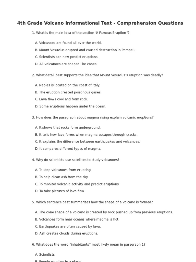 4th Grade Volcano Comprehension Quiz | PDF